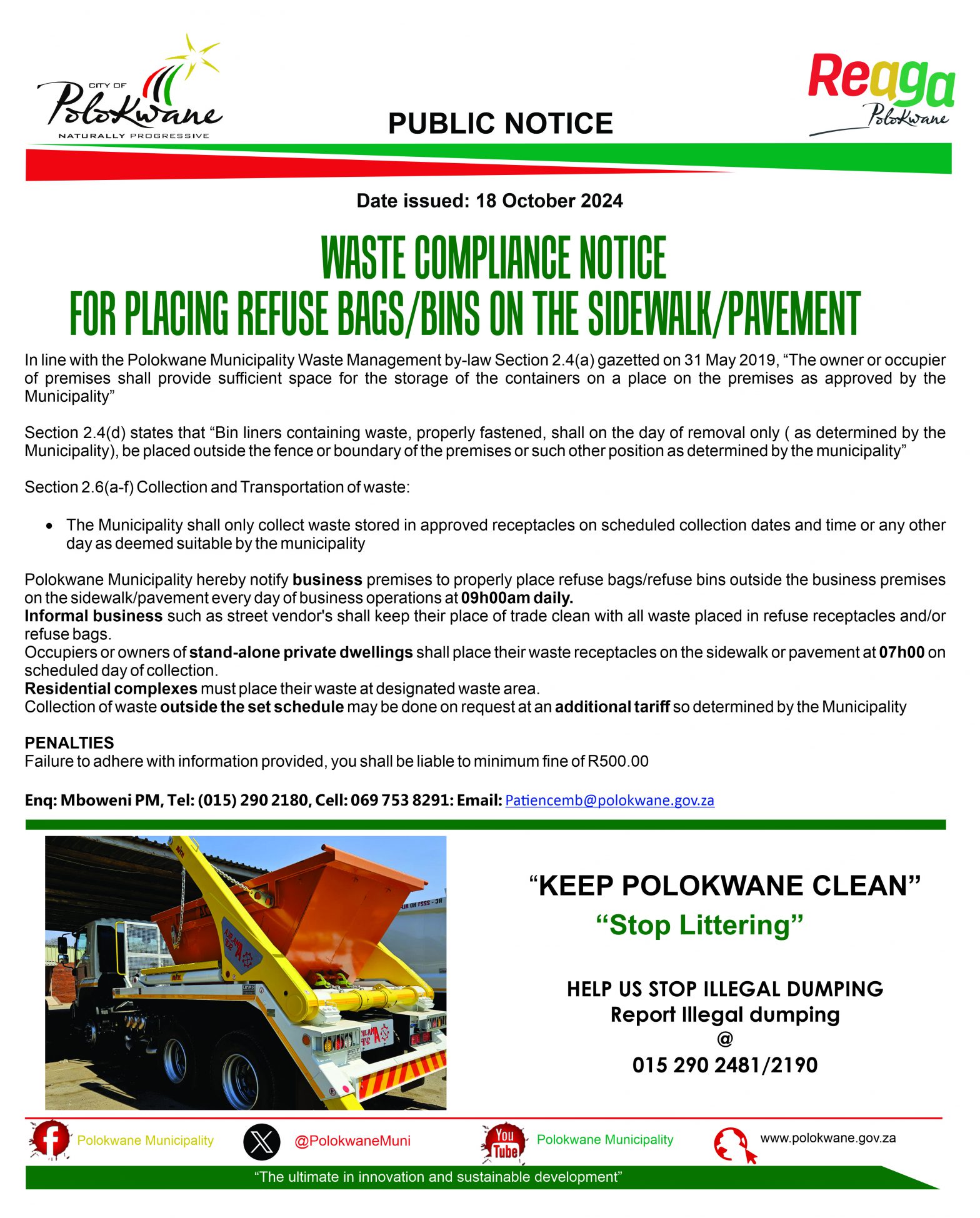 Public Notice – WASTE COMPLIANCE NOTICE FOR PLACING REFUSE BAGS/BINS ON ...