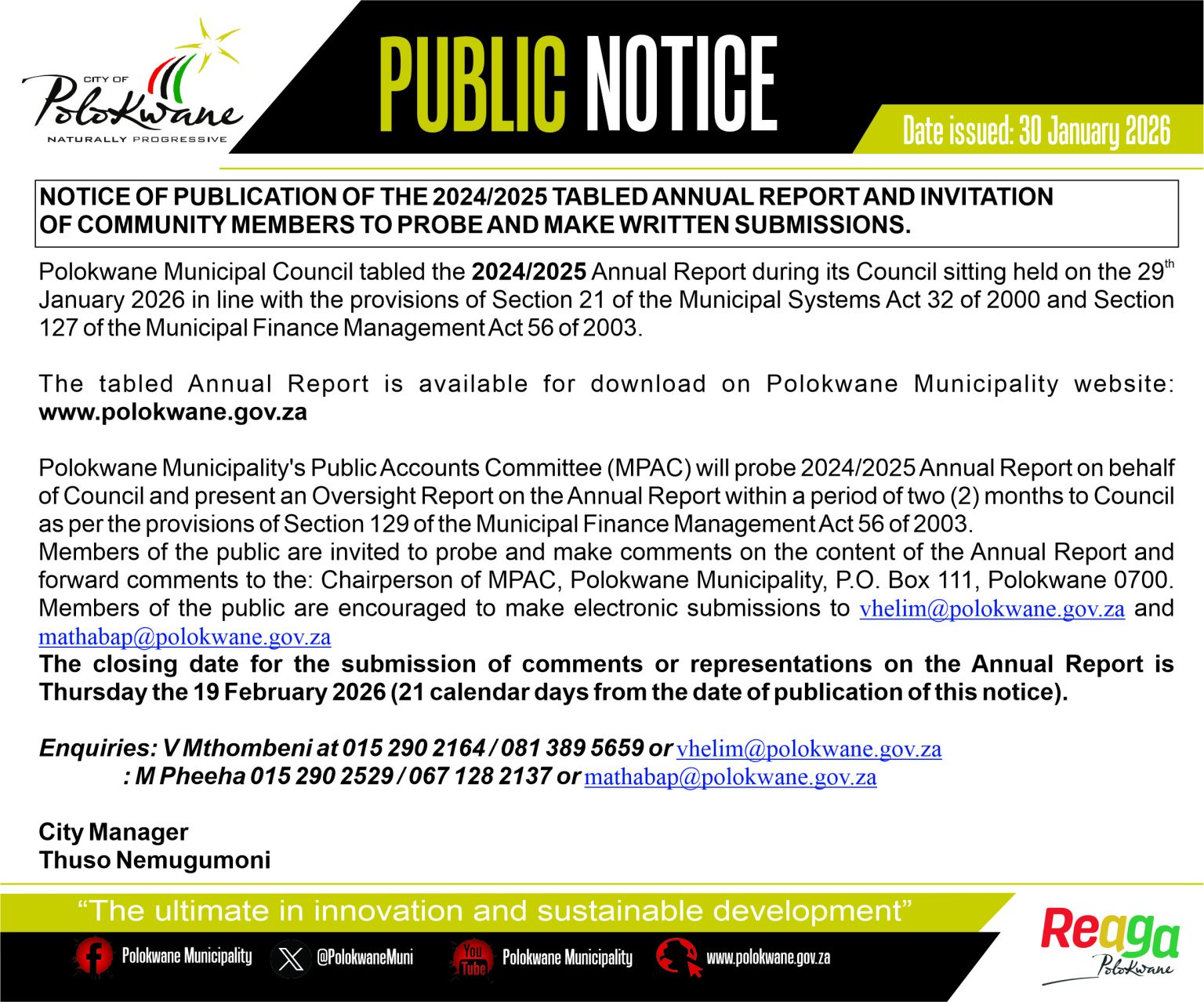 Public Notice – NOTICE OF PUBLICATION OF THE 2024/2025 TABLED ANNUAL ...